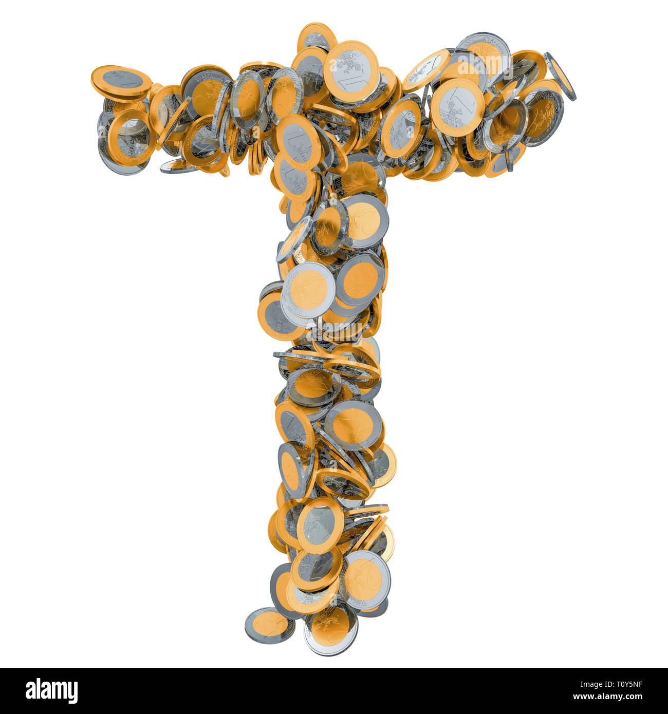 Alphabet letter T from euro coins. 3D rendering isolated on white ...
