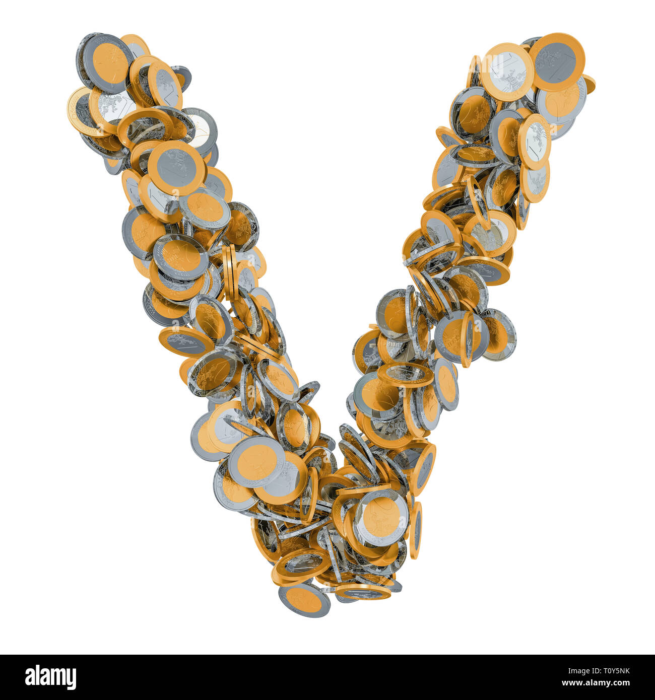 Alphabet letter V from euro coins. 3D rendering isolated on white ...