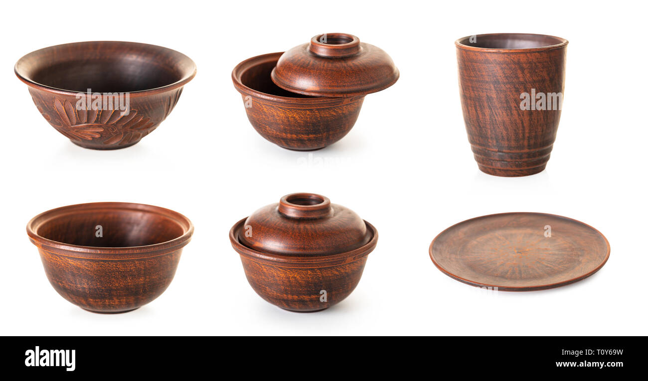 set of new earthenware on white isolated background Stock Photo - Alamy