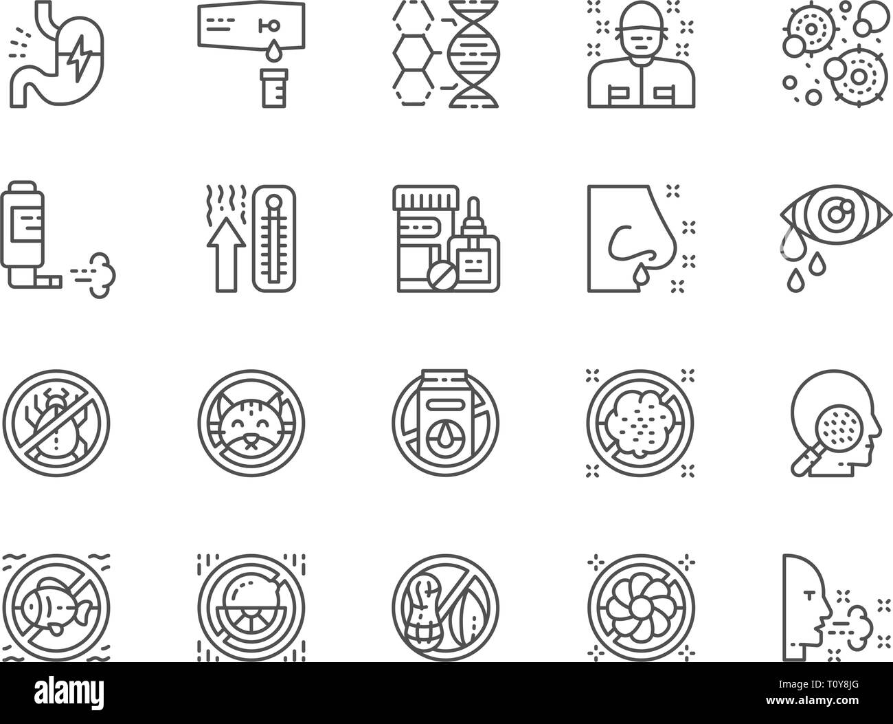 Set of Allergy and Allergens Line Icons. Patient, Thermometer, Microbes ...