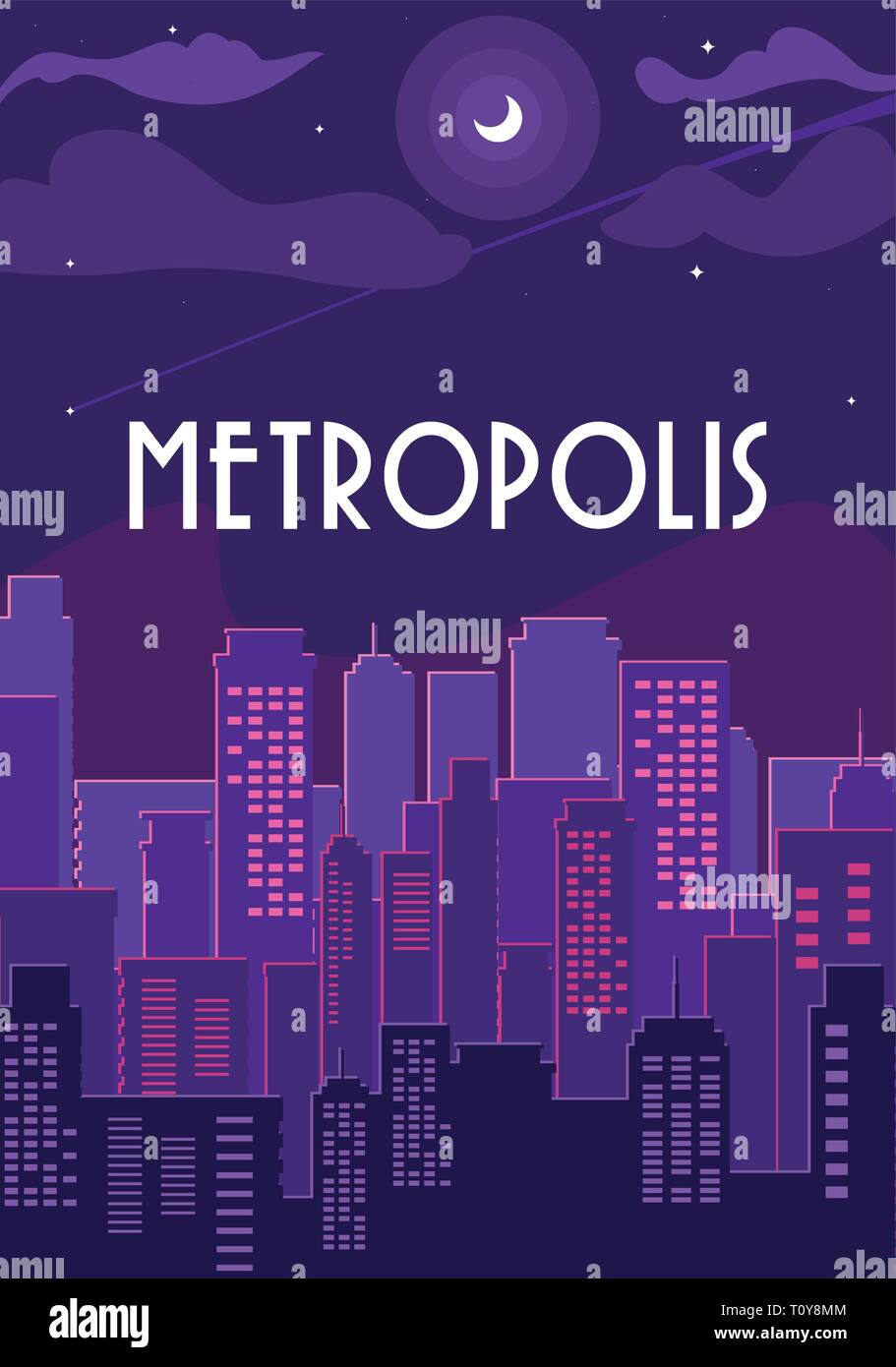 metropolis cityscape buildings with purple sky vector illustration ...