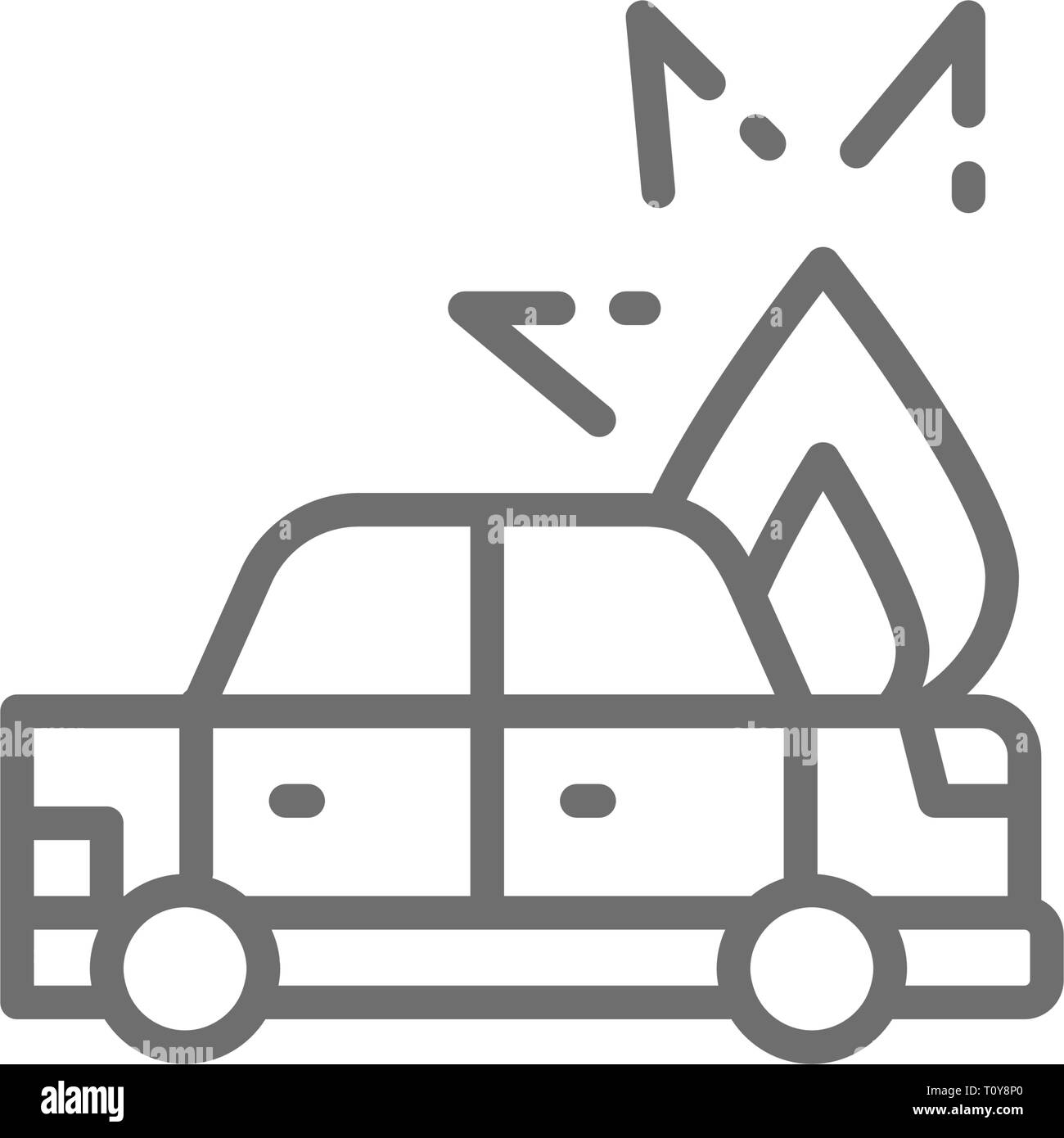 Fire under hood of car, automobile broke down, accident line icon Stock ...