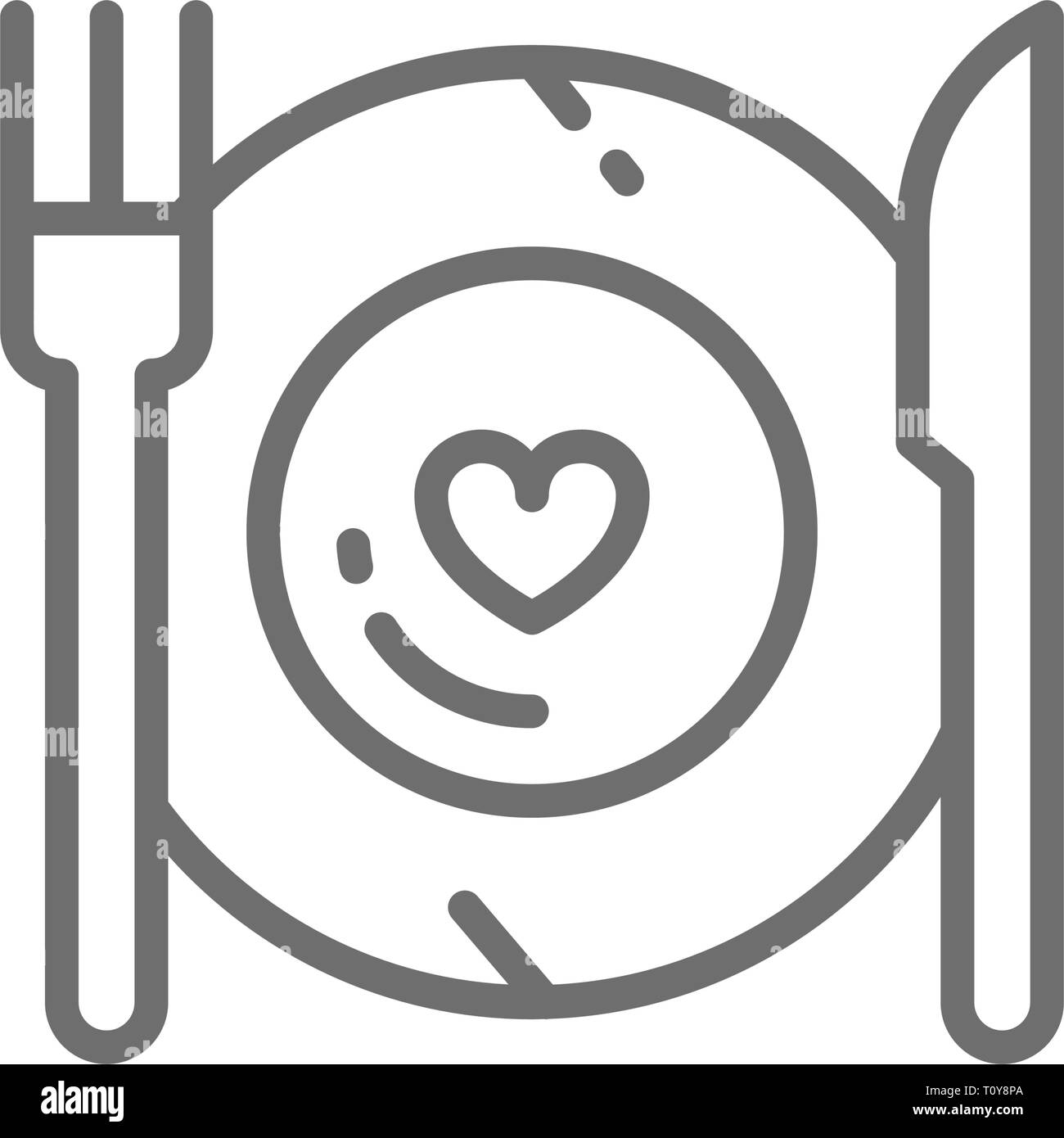 Healthy food, plate with fork and knife, restaurant menu line icon ...