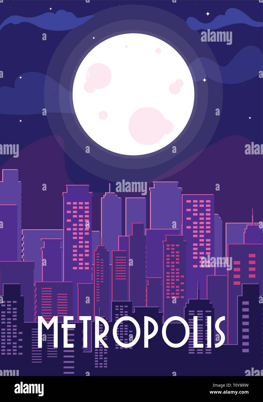 metropolis cityscape buildings with purple sky vector illustration ...
