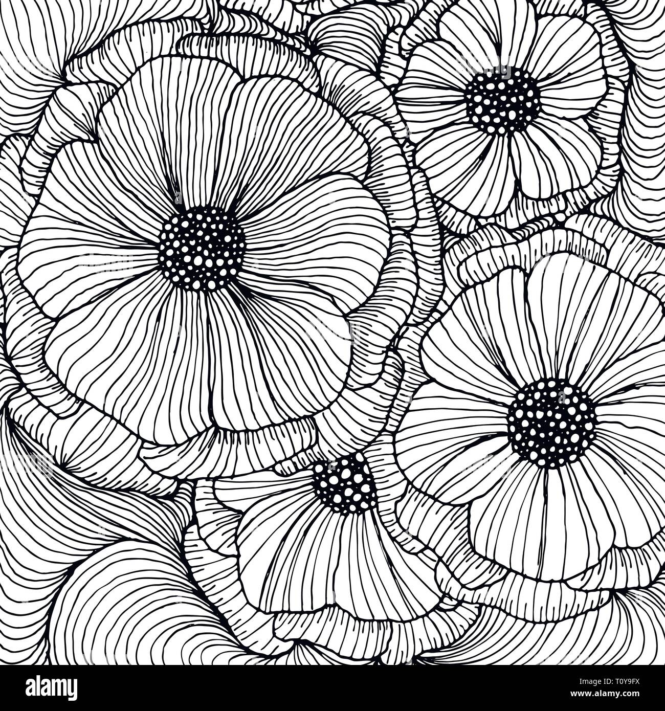 Vector doodle outline abstract ornamental flowers stripe background ...