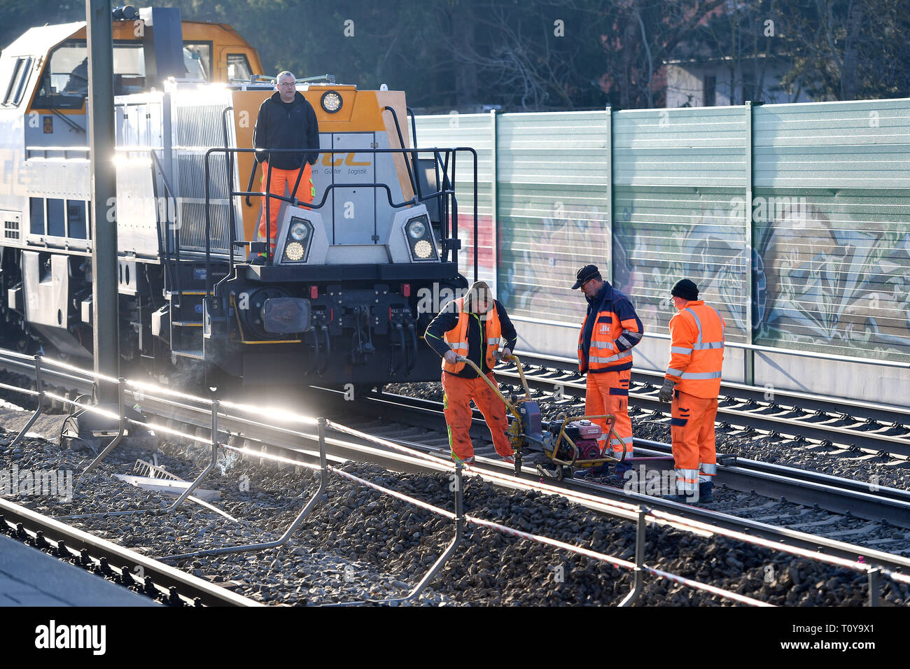 Track construction train, track construction machine. Track workers ...