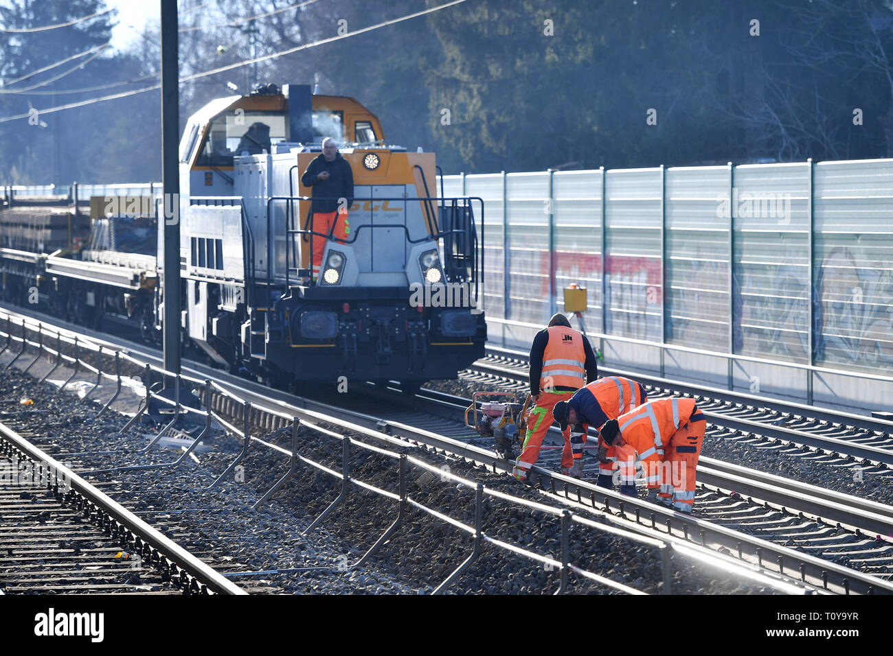Track construction train, track construction machine. Track workers ...