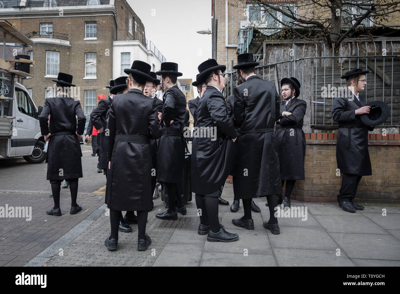 London, UK. 21st March, 2019. Haredi Jews in north London gather in ...