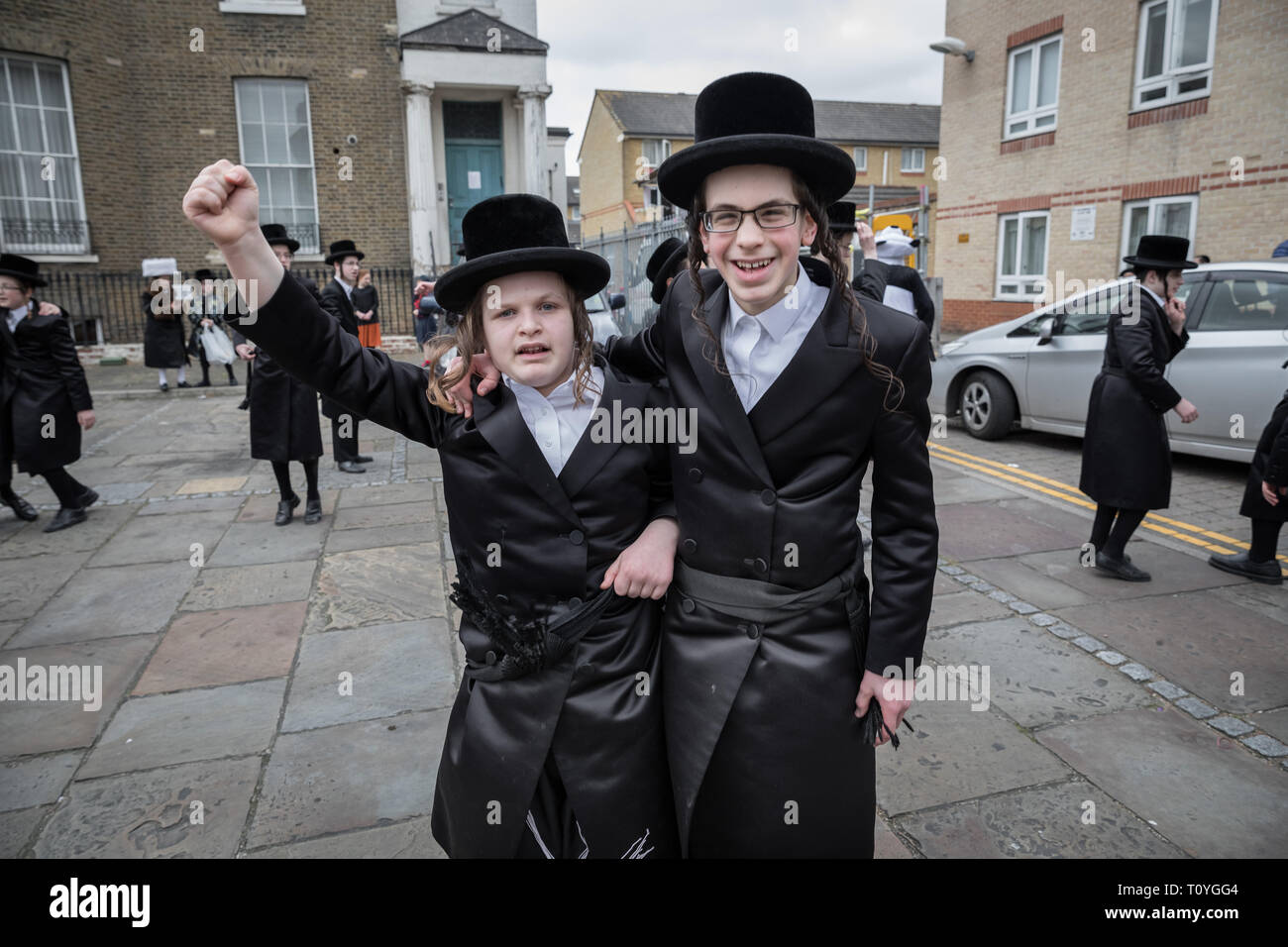 London, UK. 21st March, 2019. Haredi Jews in north London gather in ...