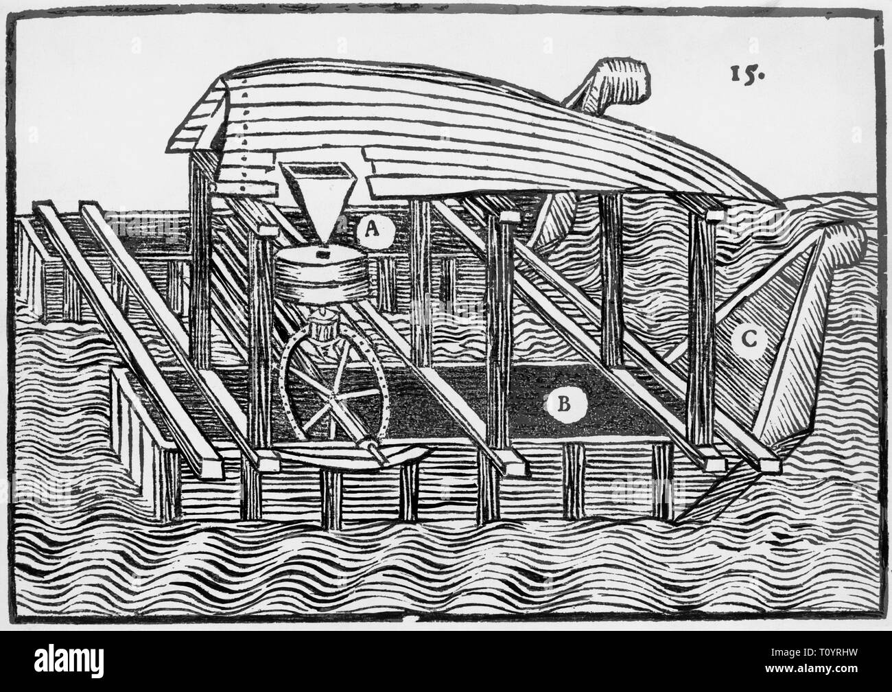 floating mill, illustration, XVII century Stock Photo - Alamy
