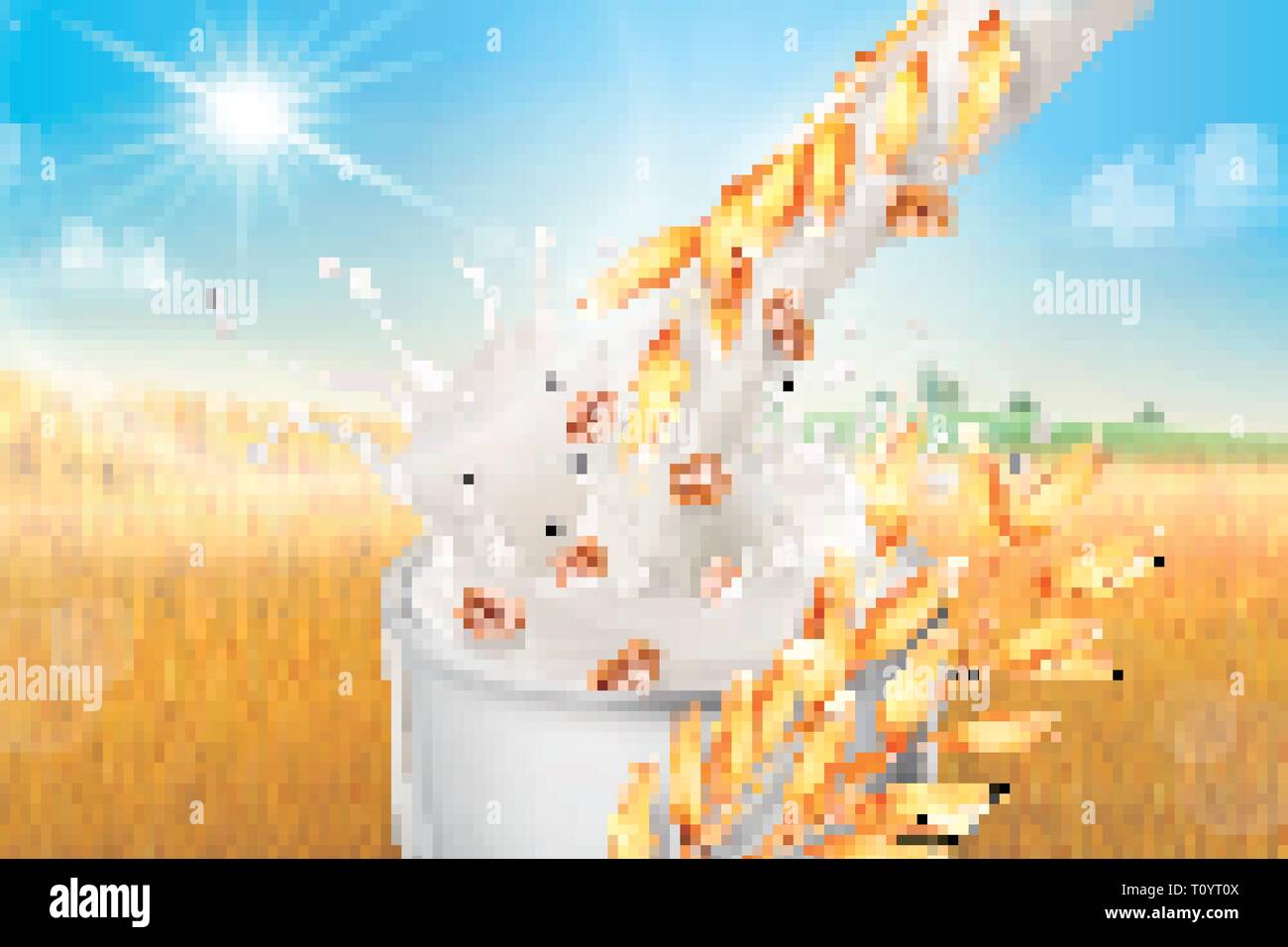 Oat milk pouring down into glass cup on bokeh grain field background in ...