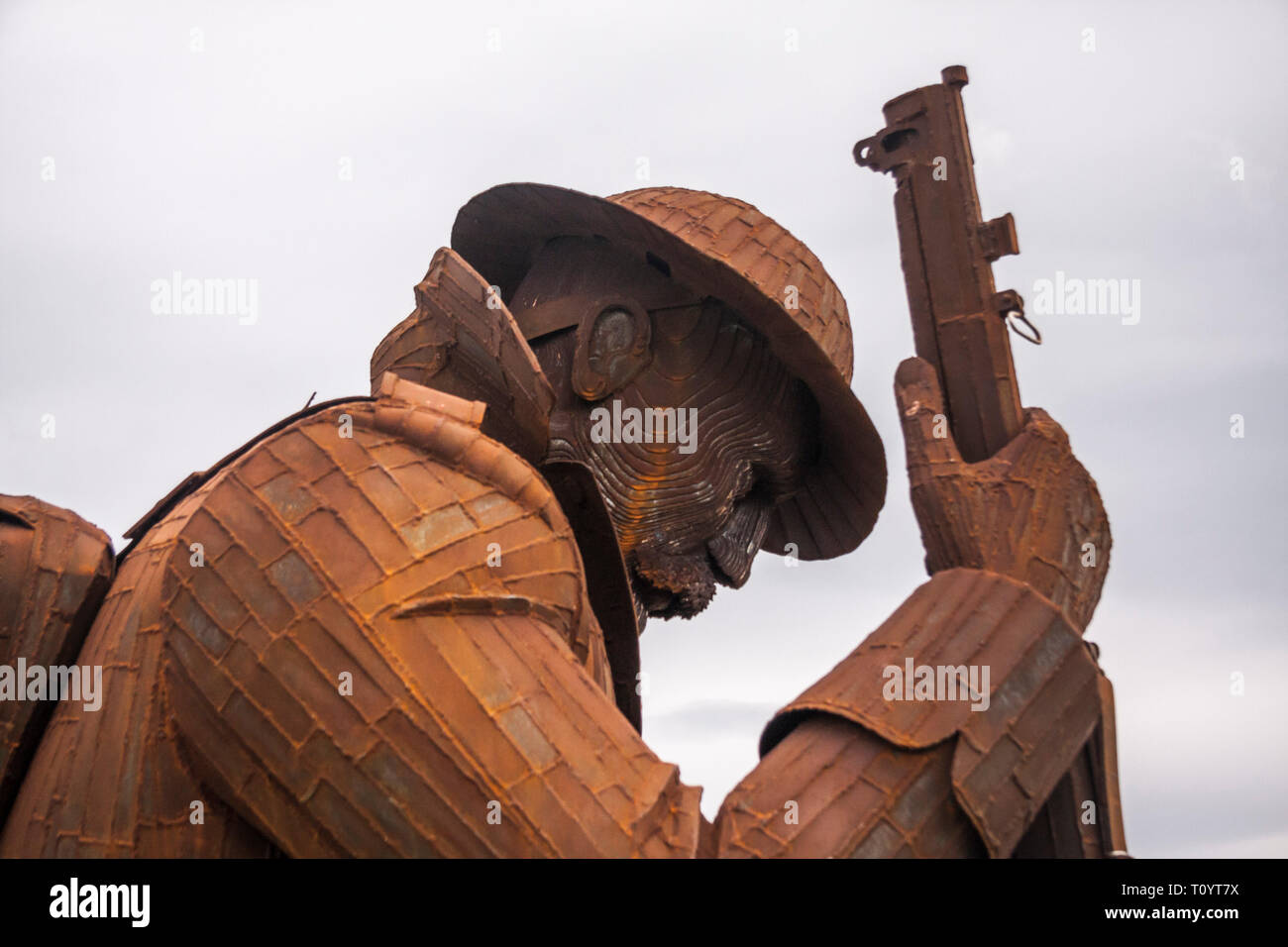 Close-up view of the memorial sculpture by artist Ray Lonsdale of a war ...