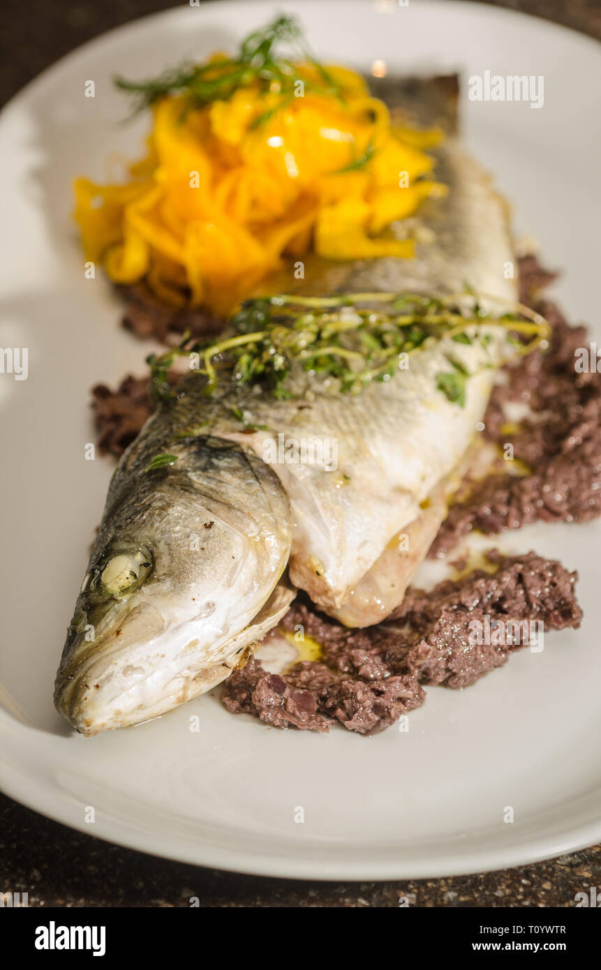 Sea bass dish Stock Photo - Alamy