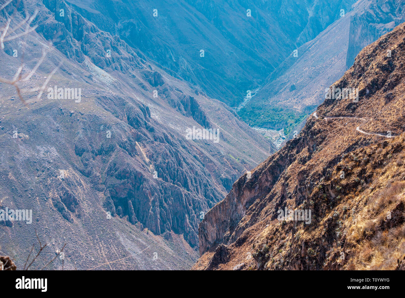 scenic dry mountain slopes at famous Colca River Canyon in Peru Stock ...