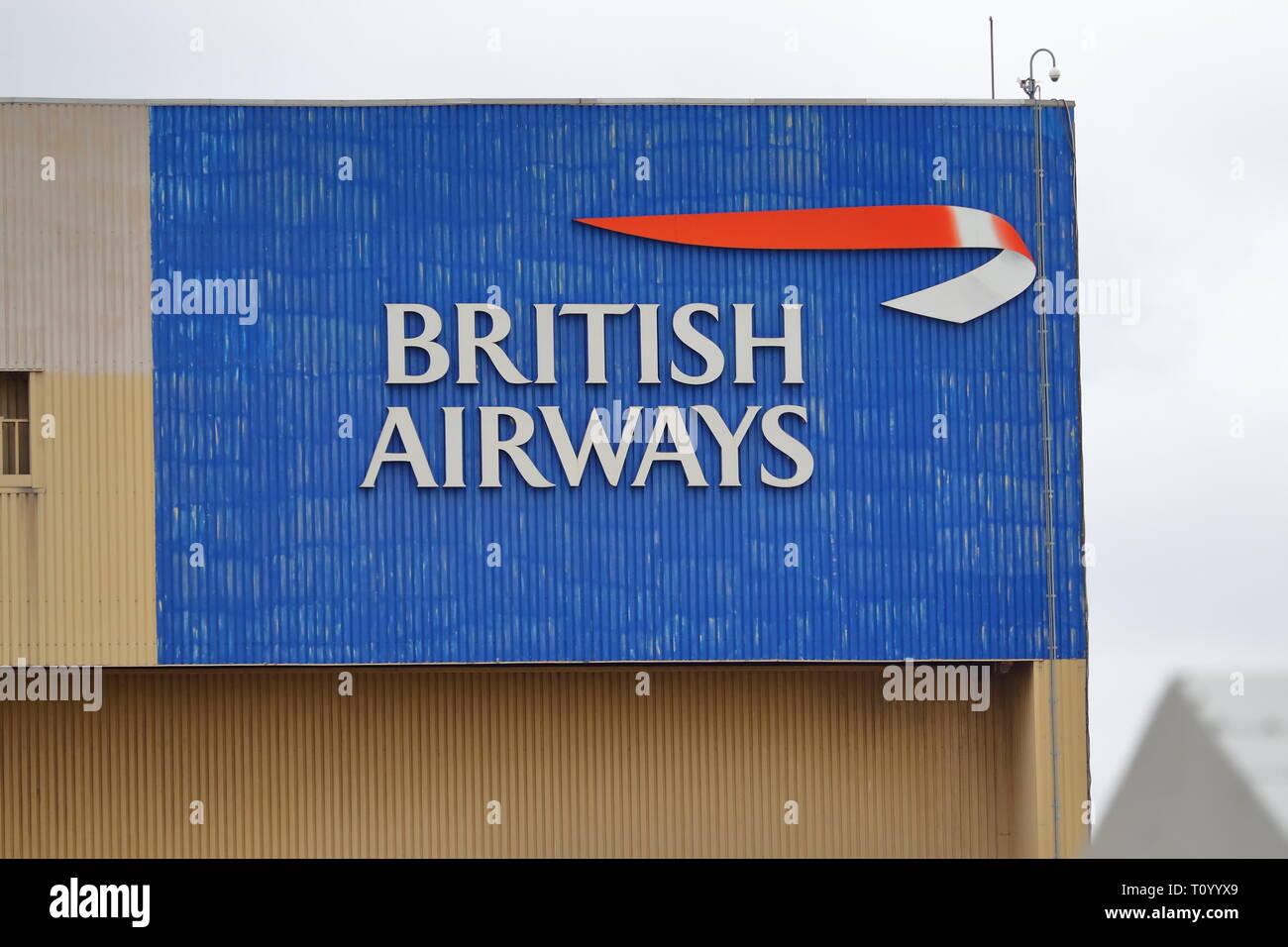 British Airways sign at a maintenance building at London Heathrow ...