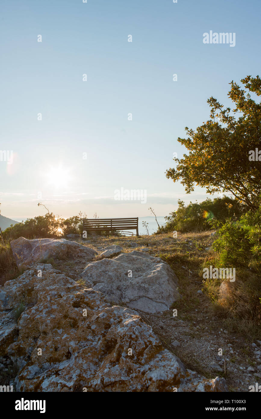Bench on viewpoint, in a landscape, Lastovo, Croatia Stock Photo - Alamy
