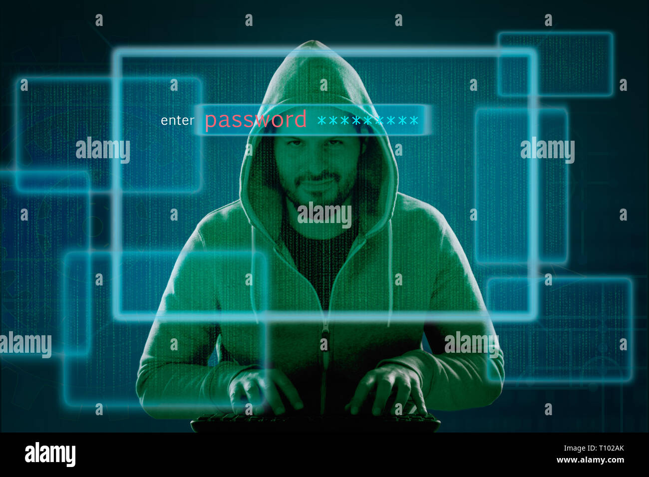 Hacker on the computer penetrates firewall and finds out password Stock ...