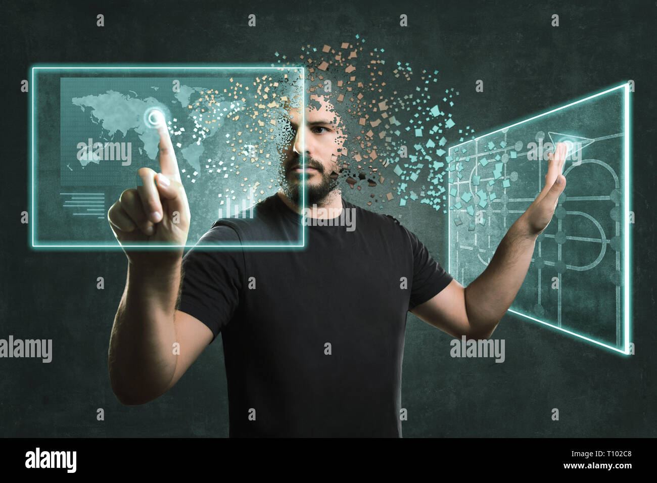 Man from the future operating with floating monitors. Concept for ...