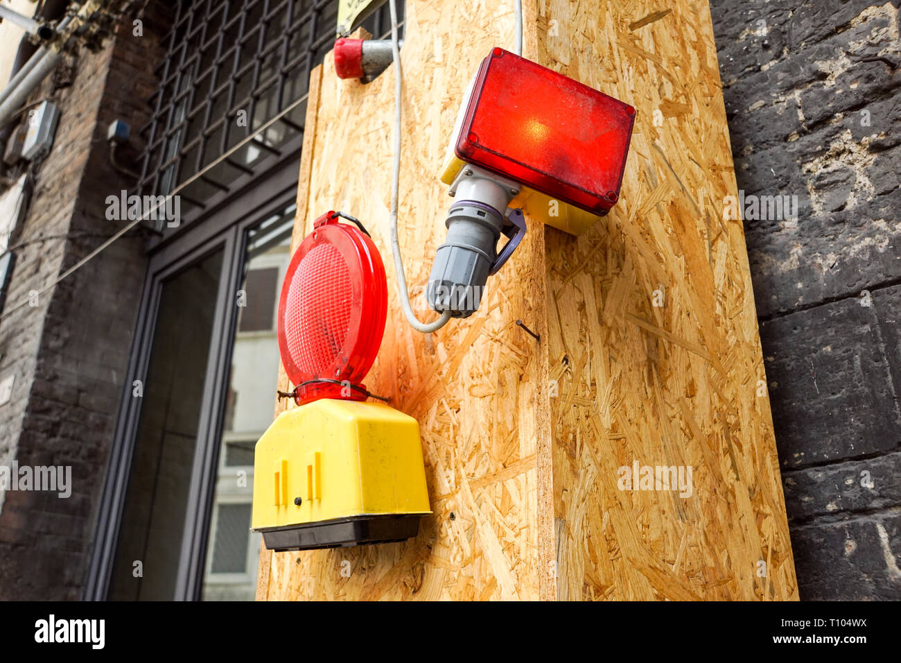 Warning signal on the road about repairs work. Road sign at the ...