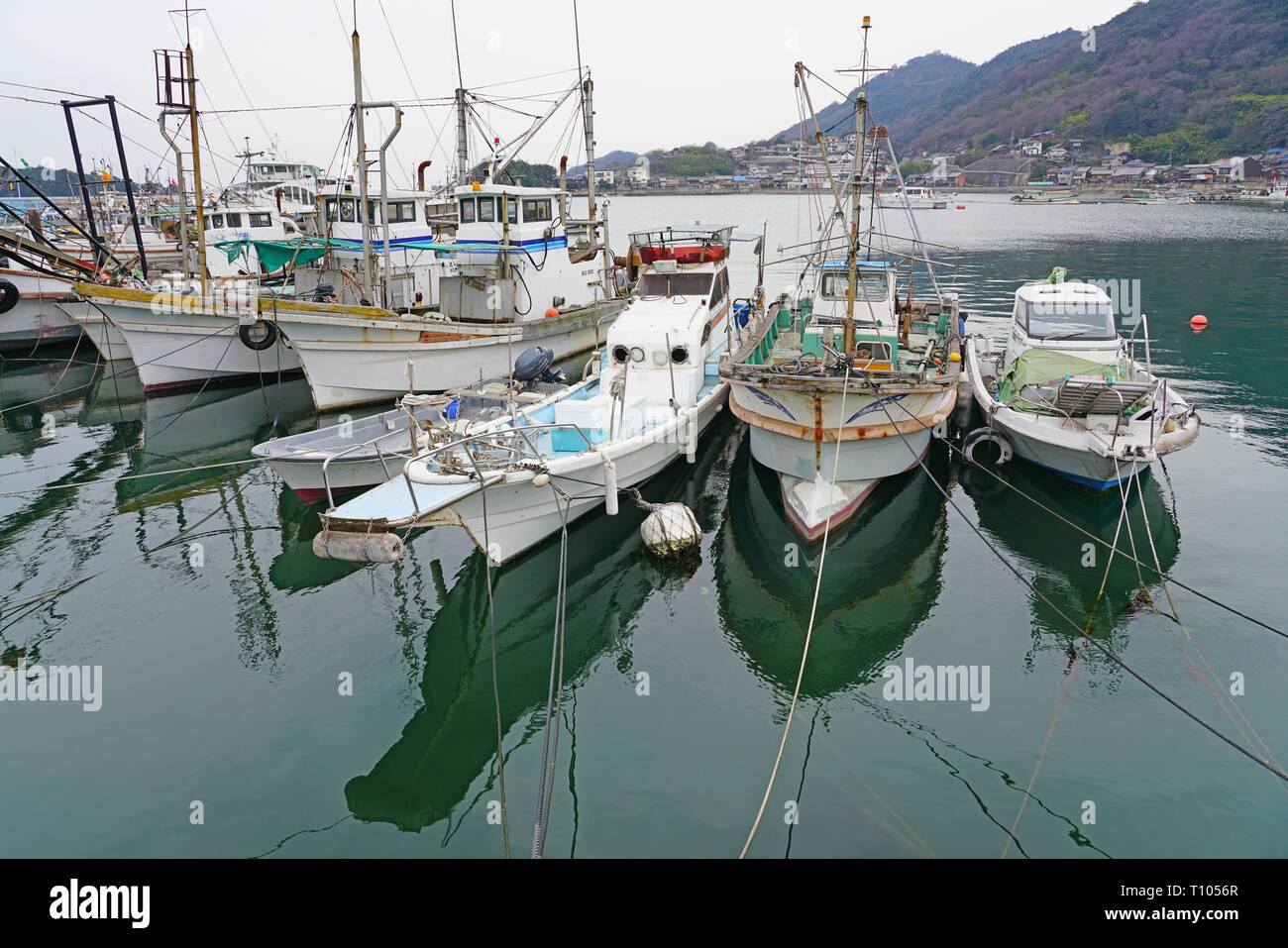 TOMONOURA, JAPAN –27 FEB 2019- Day view of boats in the harbor of ...