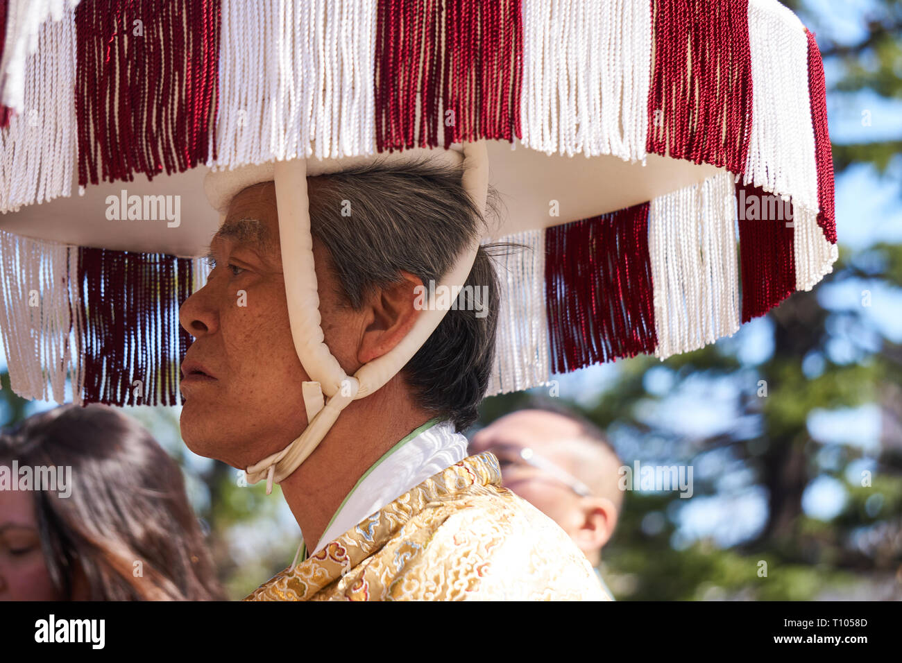 Japanese man in traditional garb and hate during Jigen Memorial ...