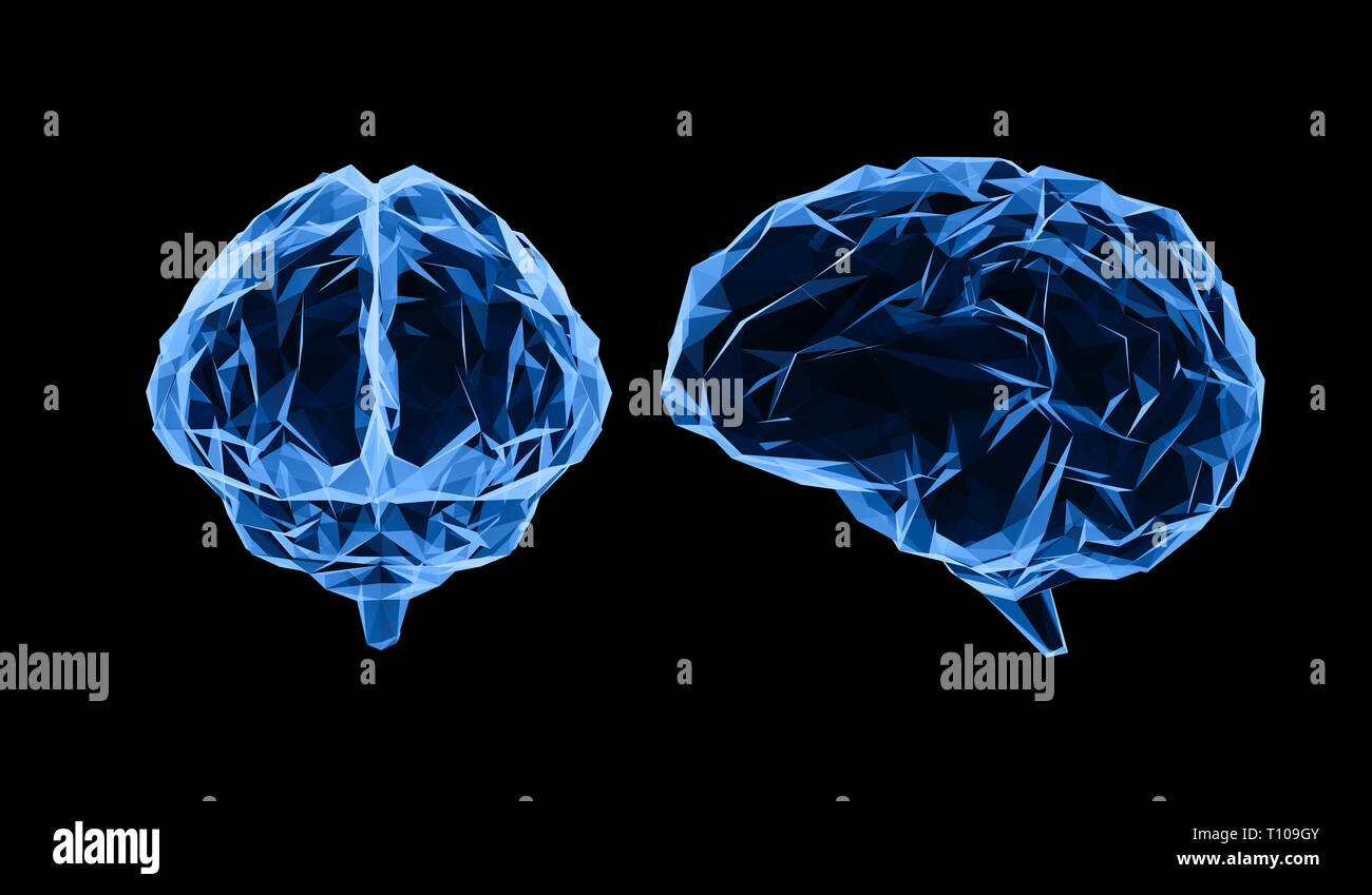 3d rendering blue polygonal brain x-ray isolated on black Stock Photo ...
