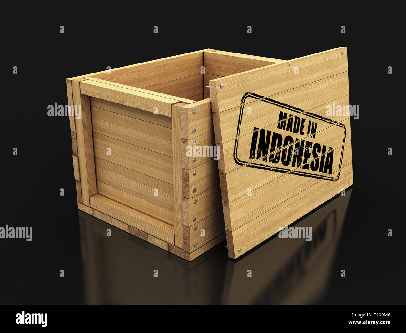 Wooden crate with stamp Made in Indonesia. Image with clipping path ...