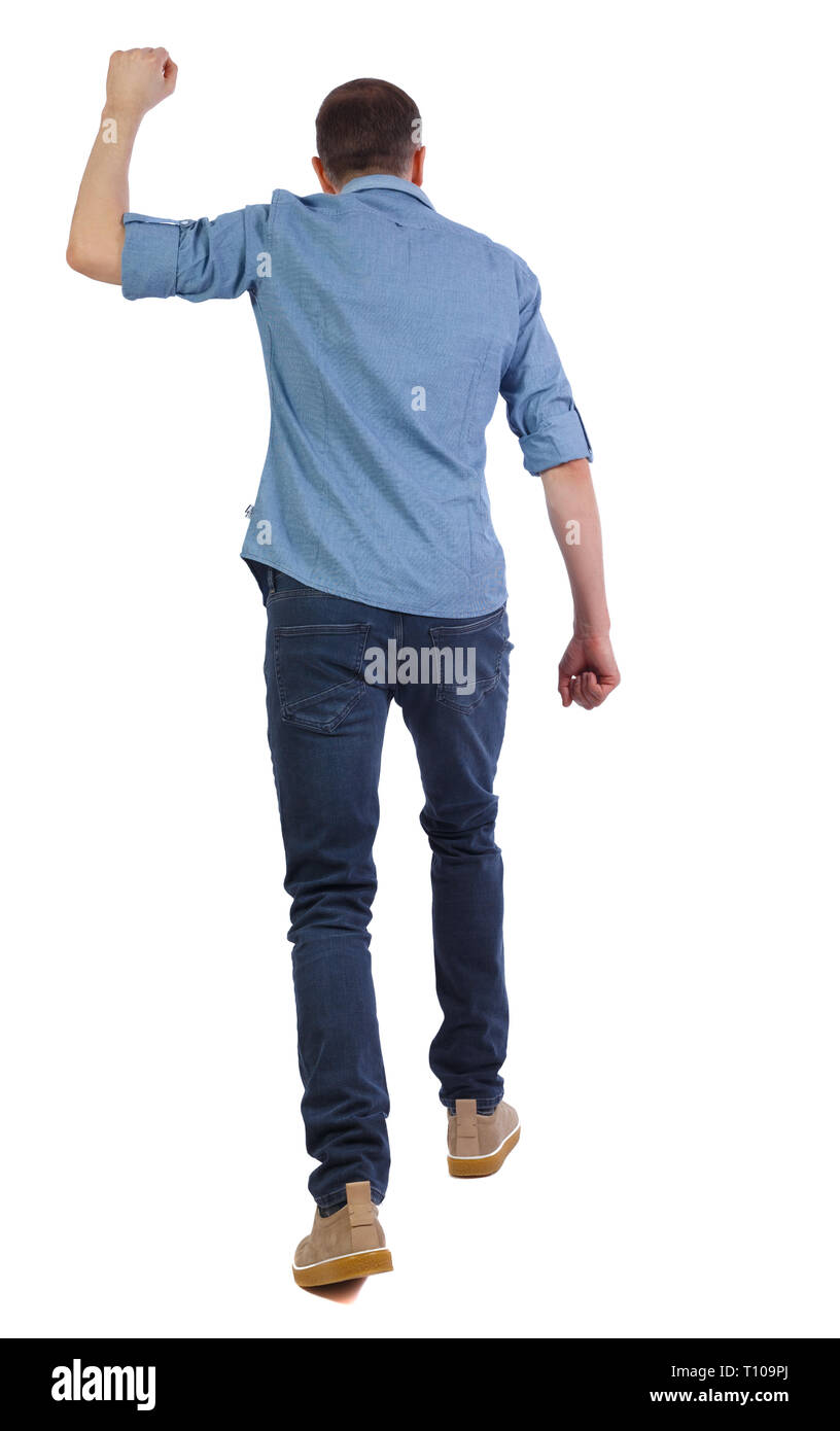 Back view of a man who goes and swings his fist. Isolated over white ...