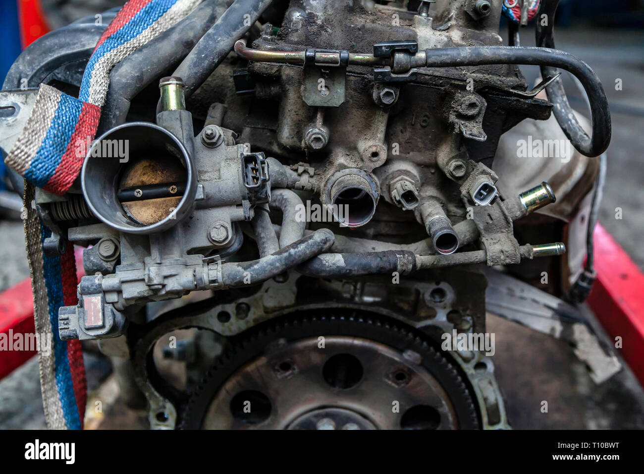 Close-up of the engine, throttle, raditor. Engine breakdown ...