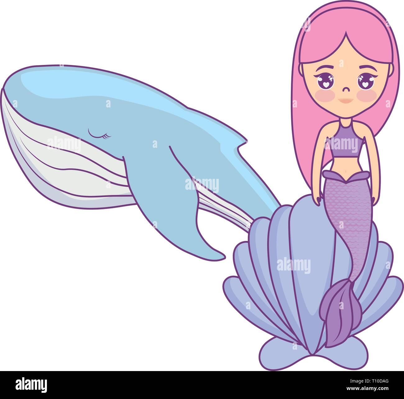 cute mermaid sitting in seashell with whale vector illustration design ...