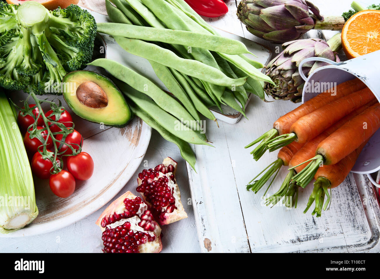 Organic food background. Healthy cooking ingredients - fresh fruits and ...