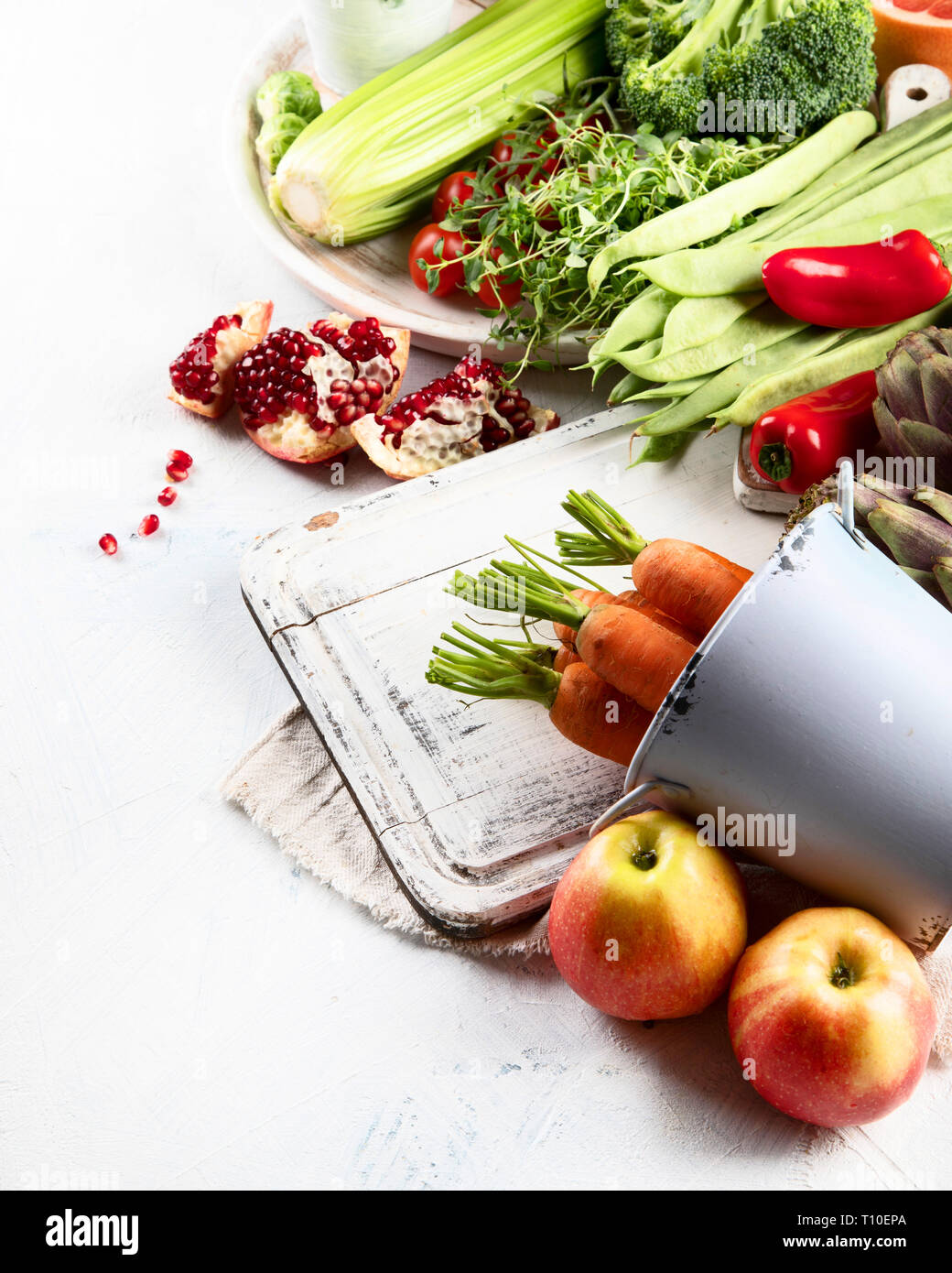 Organic food background. Healthy cooking ingredients - fresh fruits and ...