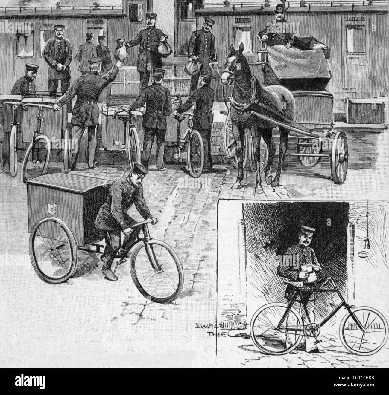 Postman on delivery bike Black and White Stock Photos & Images - Alamy