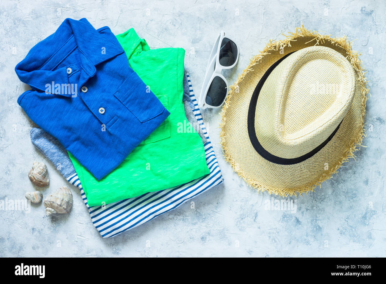Summer child cloth set. Top view Stock Photo - Alamy