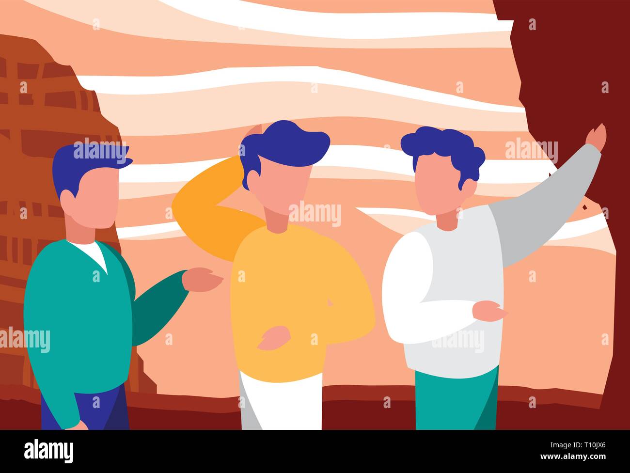 young group of men in desert landscape dry scene vector illustration ...