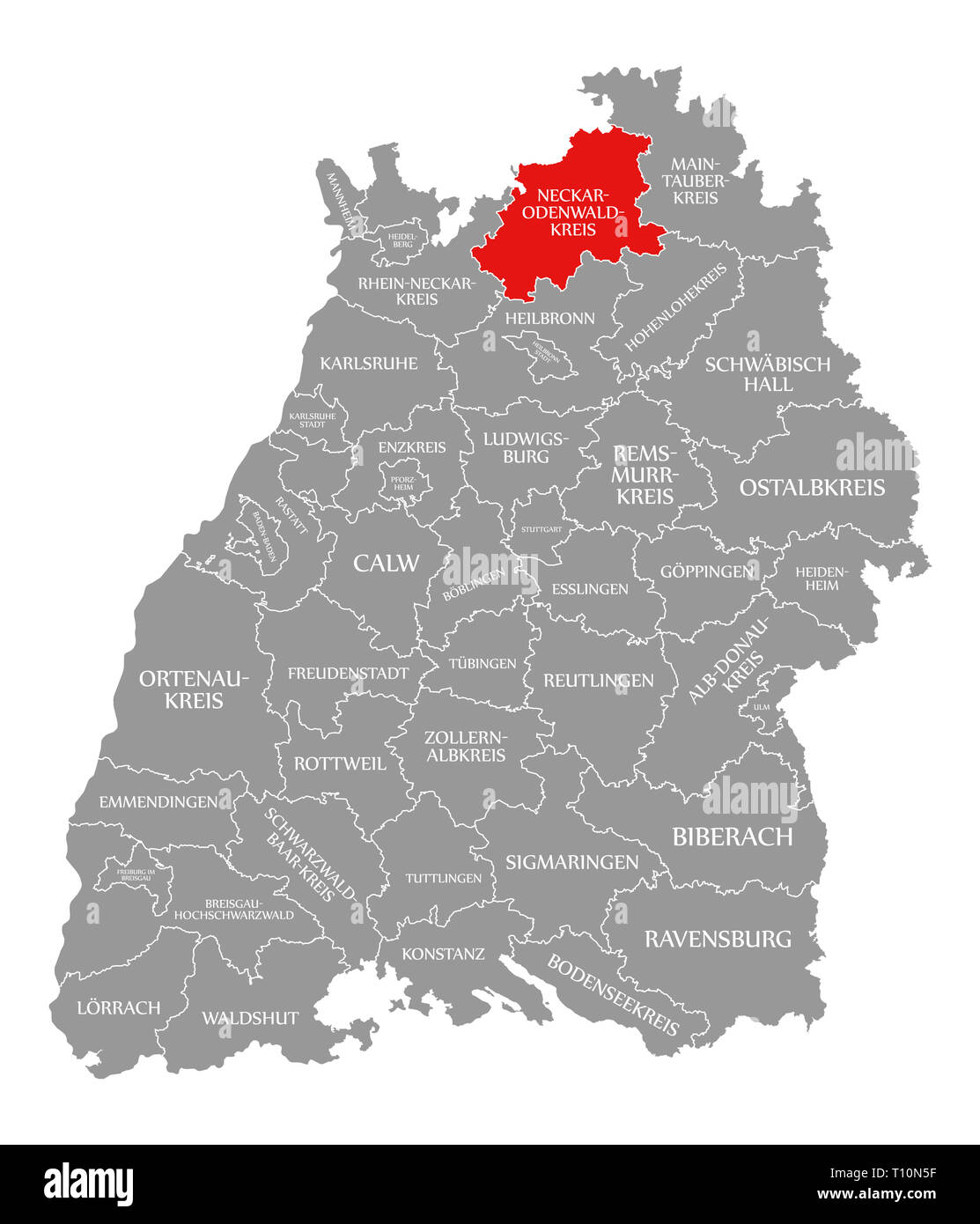 Neckar-Odenwald-Kreis county red highlighted in map of Baden ...