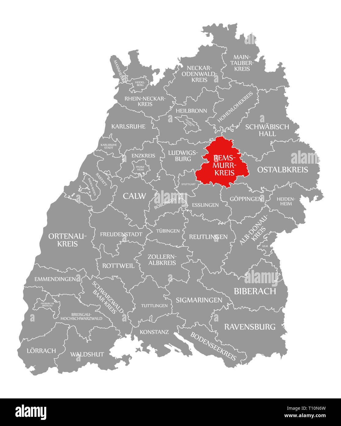 Rems-Murr-Kreis county red highlighted in map of Baden Wuerttemberg ...