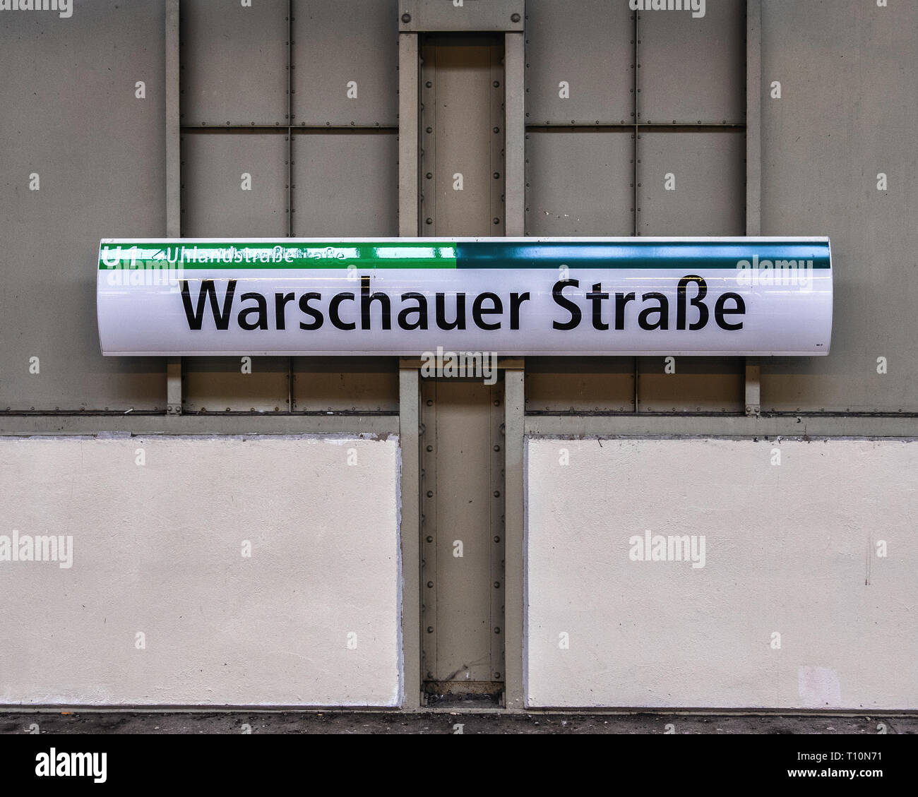 Berlin, Friedrichshain. Warschauer Strasse U-Bahn railway station name ...