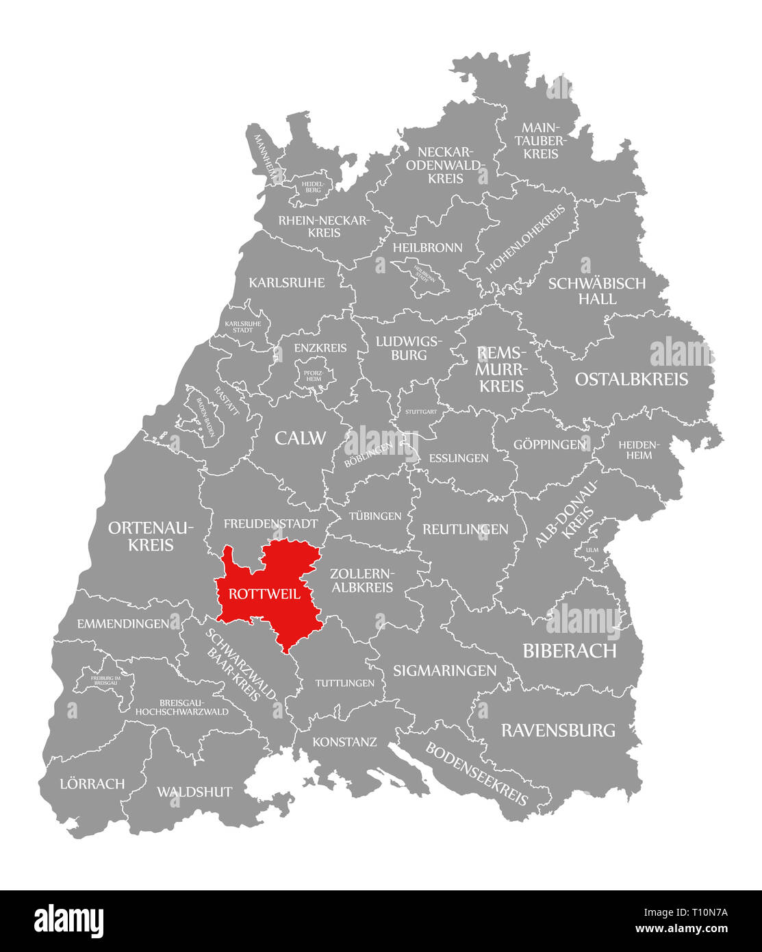 Rottweil county red highlighted in map of Baden Wuerttemberg Germany ...