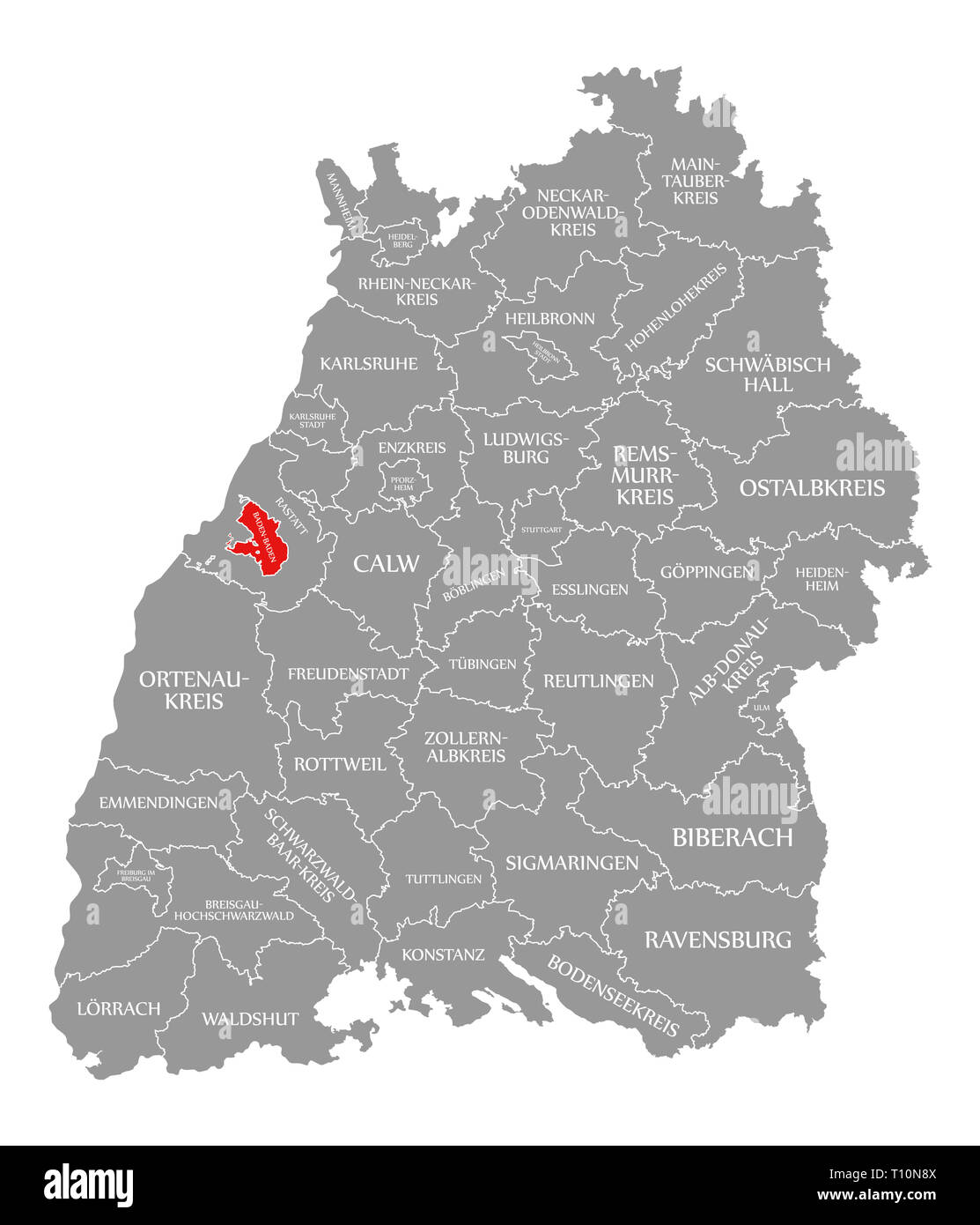 Baden-Baden county red highlighted in map of Baden Wuerttemberg Germany ...