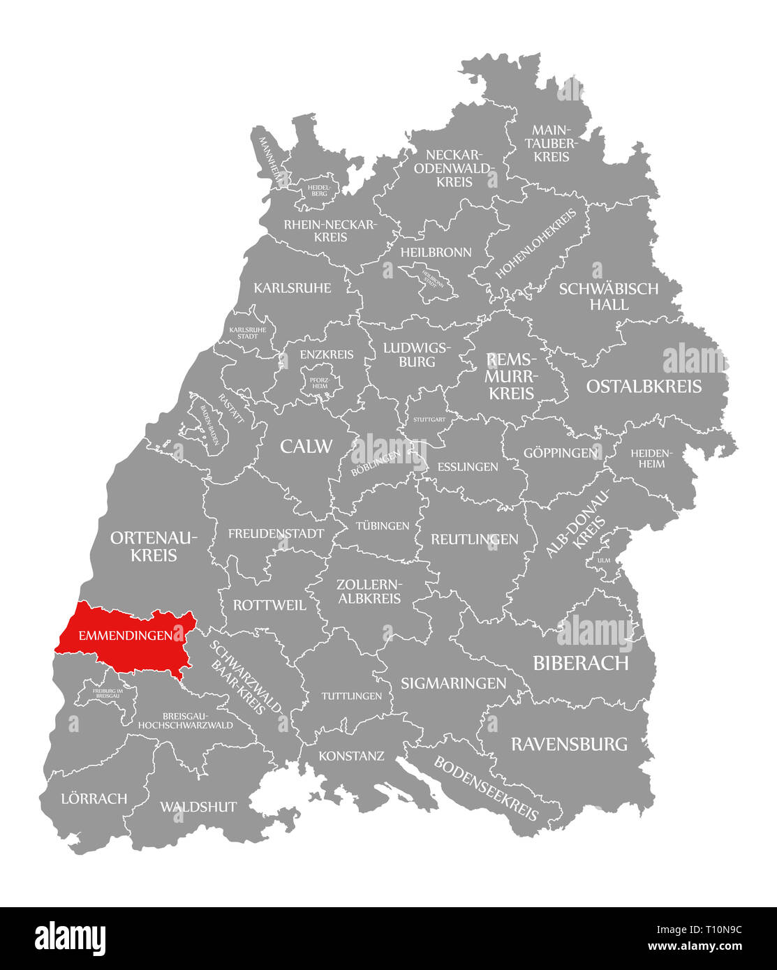 Emmendingen county red highlighted in map of Baden Wuerttemberg Germany ...