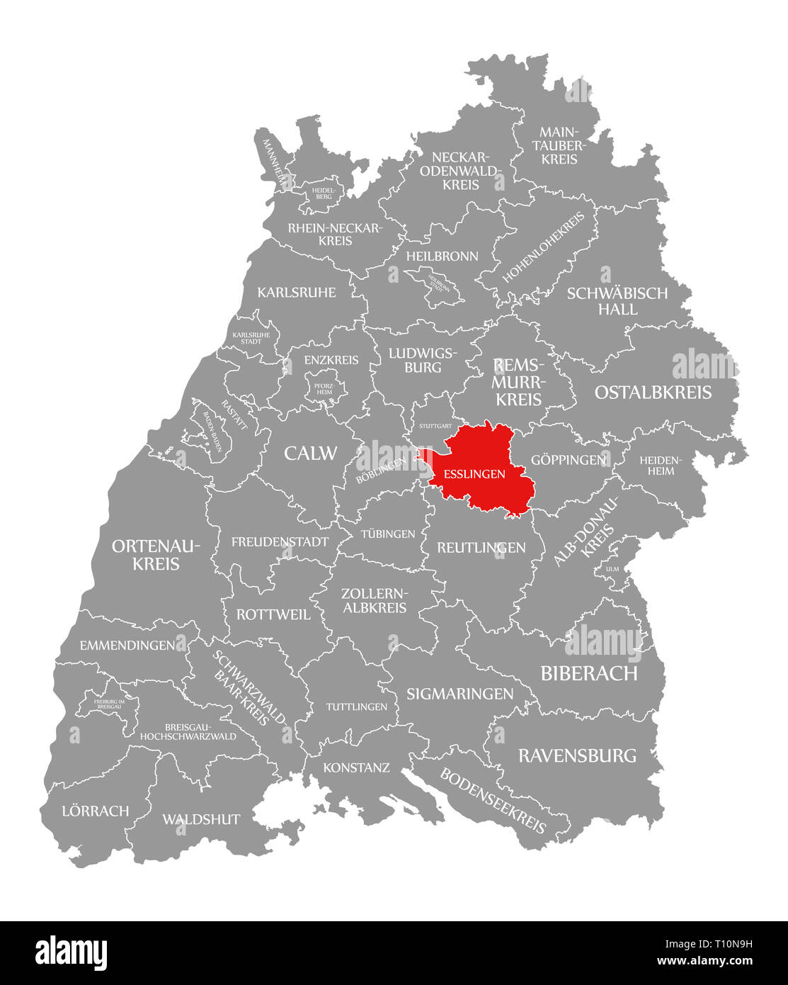 Esslingen county red highlighted in map of Baden Wuerttemberg Germany ...