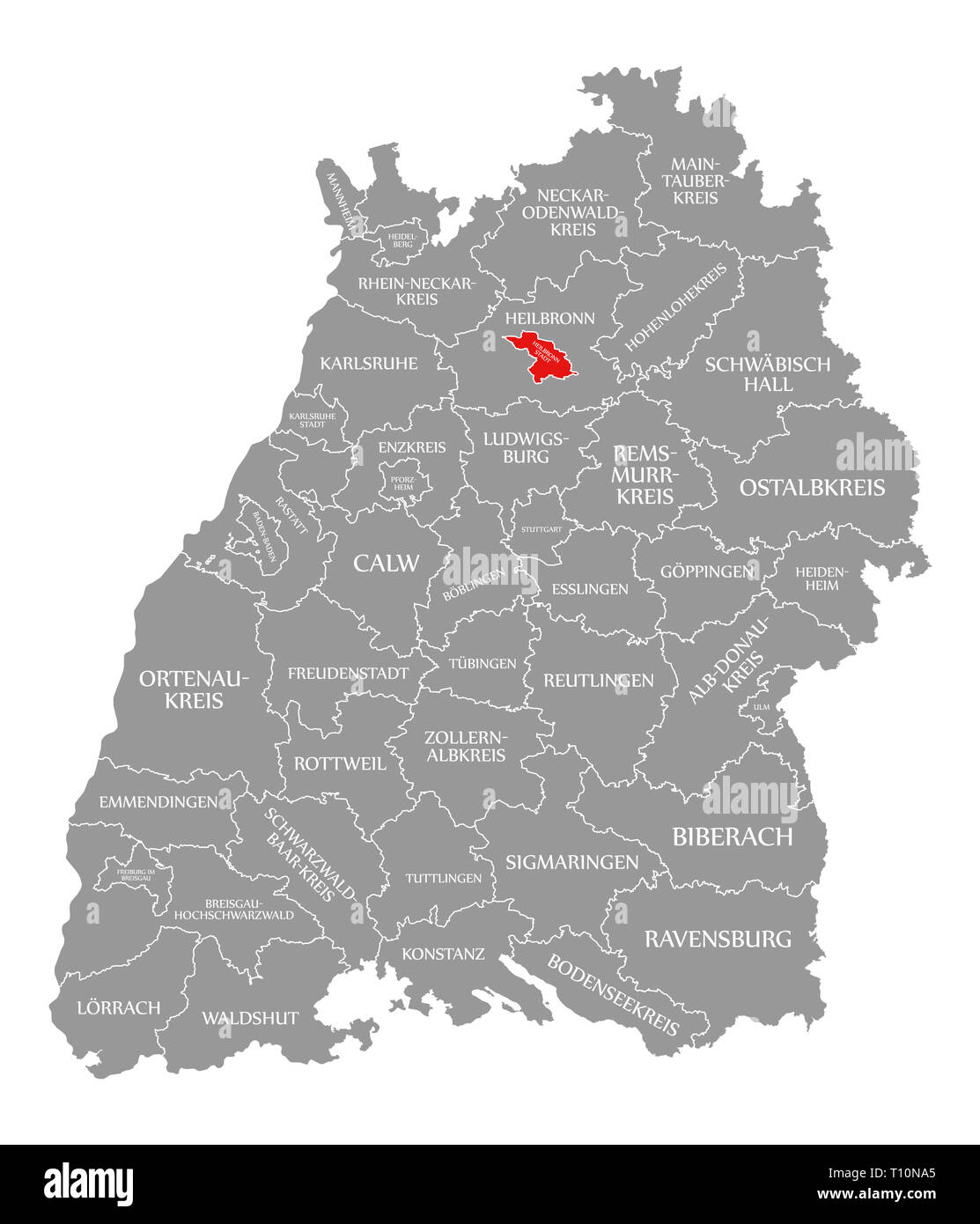 Heilbronn City county red highlighted in map of Baden Wuerttemberg ...