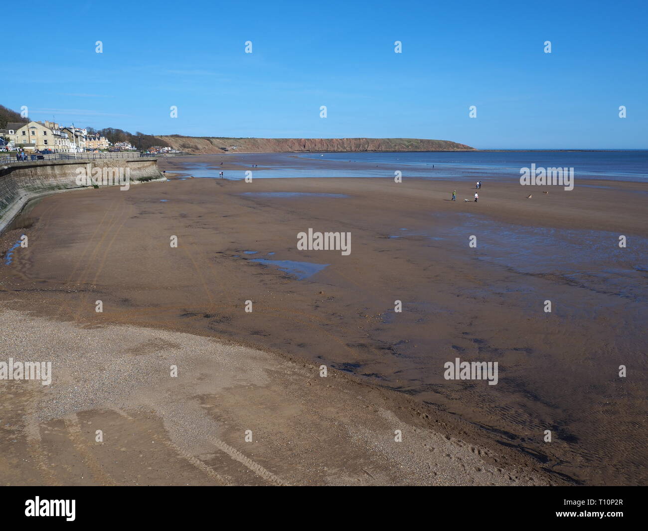 View across Filey beach to Filey Brigg at low tide with a blue sky ...