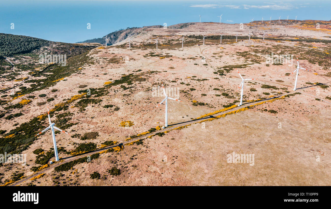 Aerial view of wind farm in rural area on bright sunny day in "Paul da ...