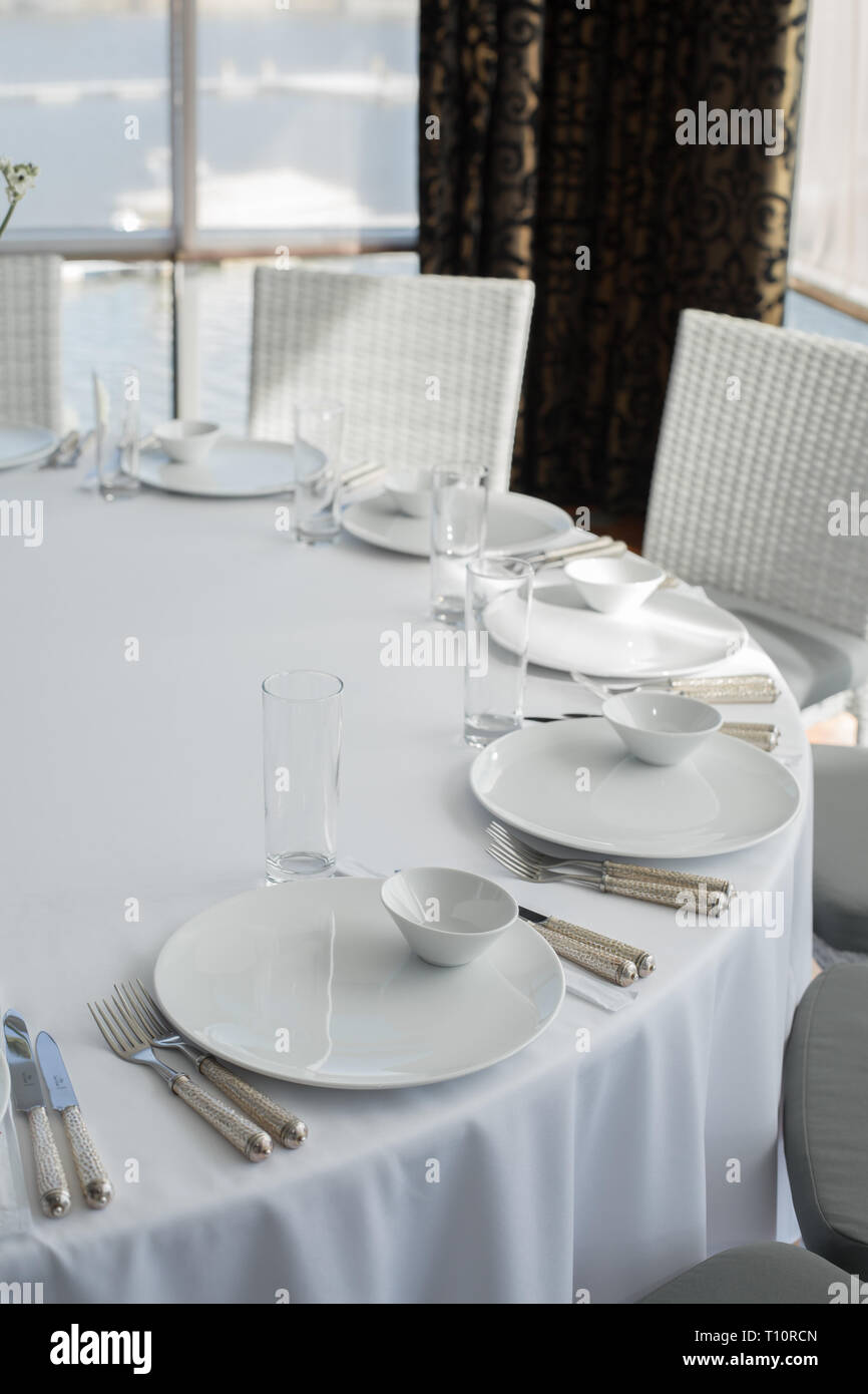 Event white restaurant table served and wait for guests Stock Photo - Alamy