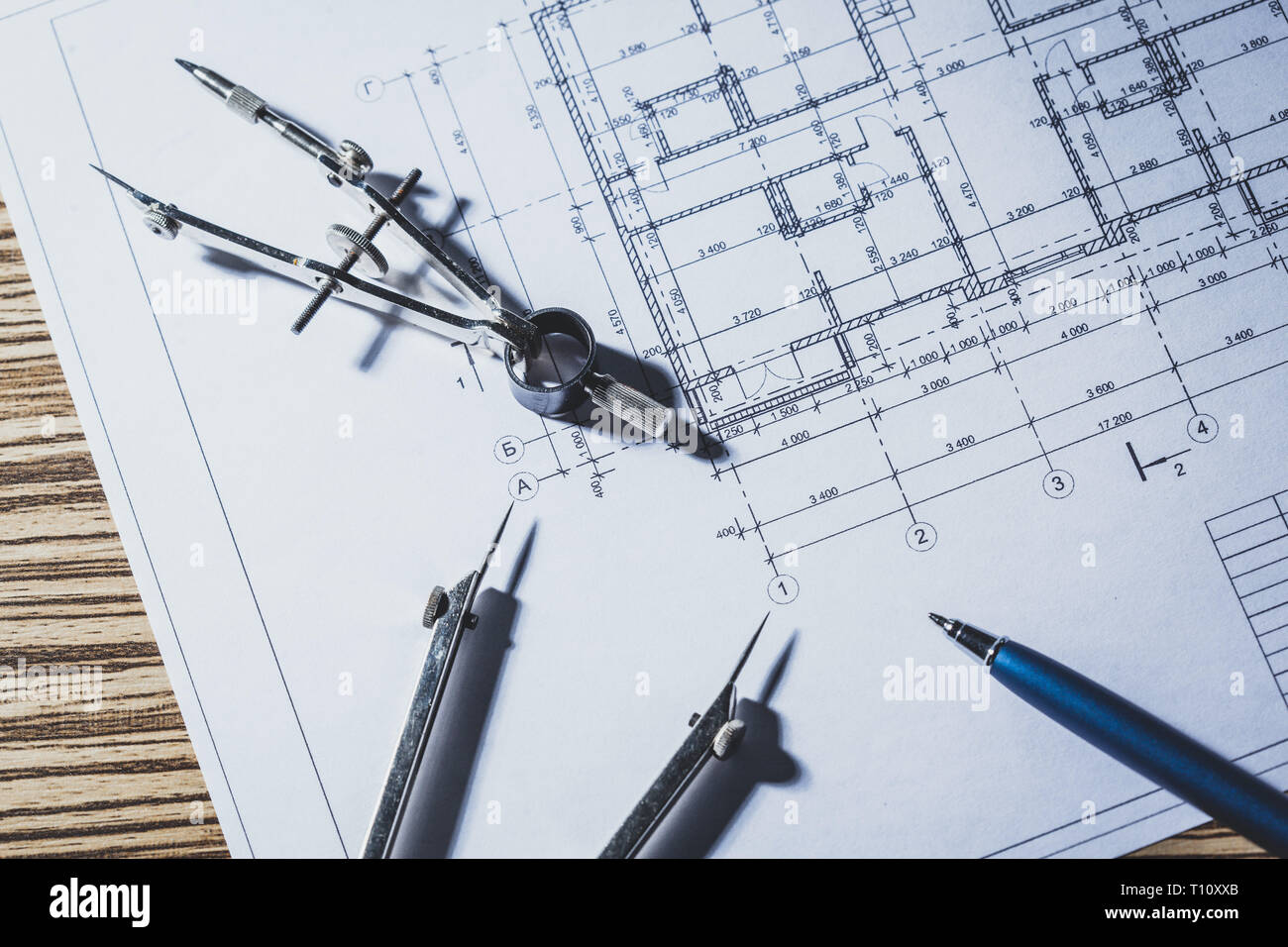 Project drawings and tools, close up Stock Photo - Alamy