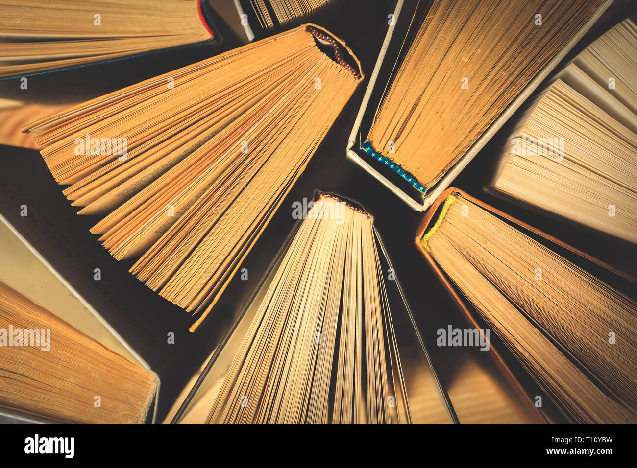 Old and used hardback books or text books seen from above Stock Photo ...