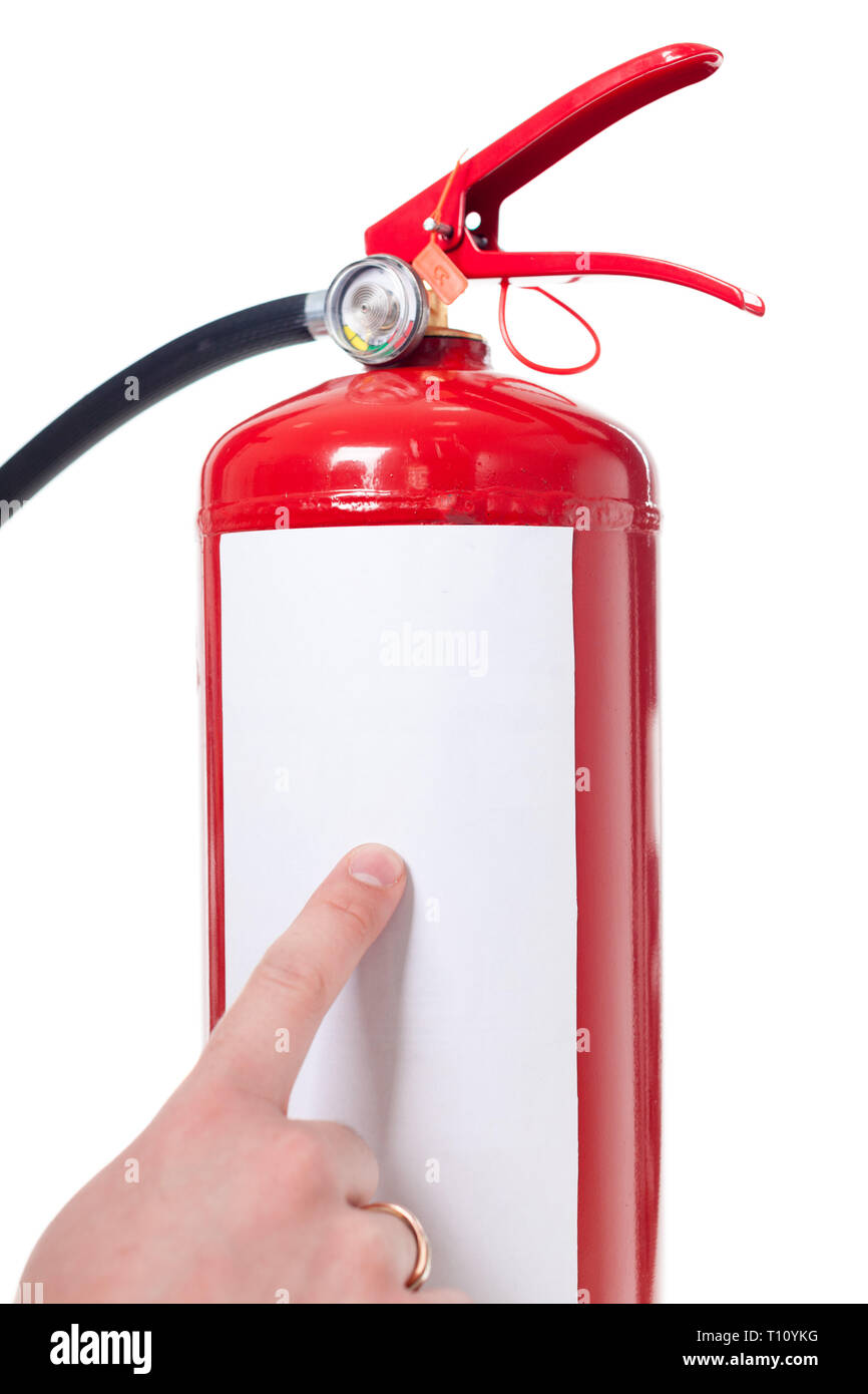 Man using fire extinguisher isolated on white Stock Photo - Alamy