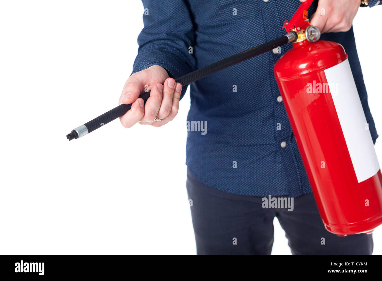 Man using fire extinguisher isolated on white Stock Photo - Alamy